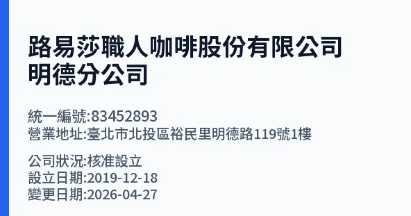 路易莎職人咖啡股份有限公司明德分公司的照片-統編 83452893(臺北市) 公司登記資料與營業項目詳細圖表