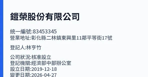 鎧榮股份有限公司的照片-統編 83453345(彰化縣) 公司登記資料與營業項目詳細圖表