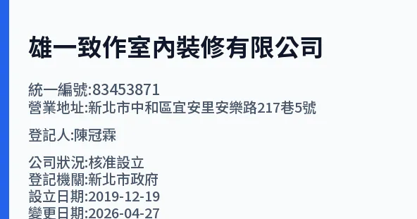 雄一致作室內裝修有限公司的照片-統編 83453871(新北市) 公司登記資料與營業項目詳細圖表