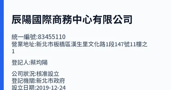 辰陽國際商務中心有限公司的照片-統編 83455110(新北市) 公司登記資料與營業項目詳細圖表