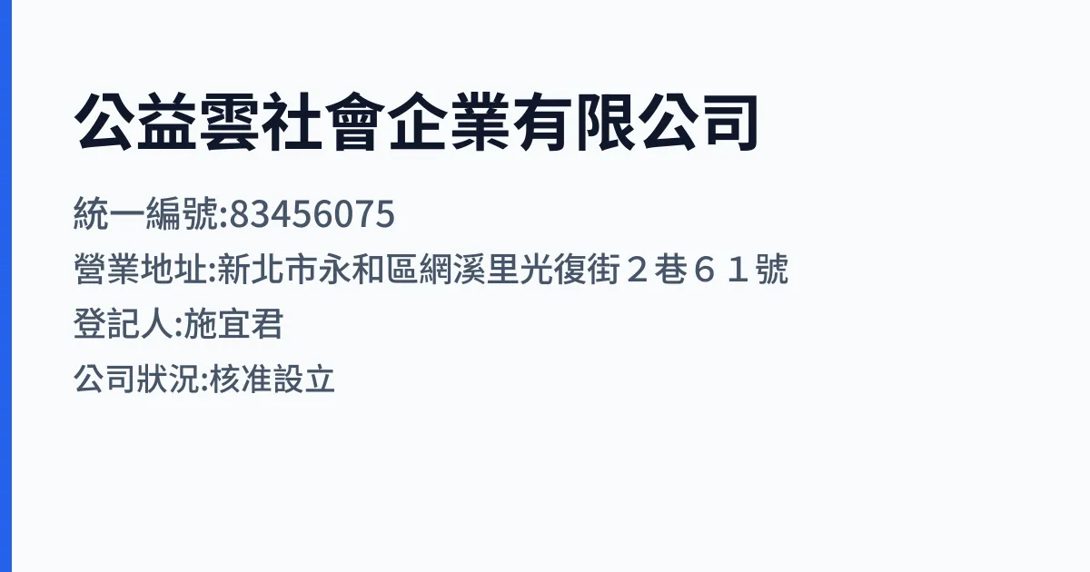 公益雲社會企業有限公司 - 統編 83456075(新北市) 公司登記資料與營業項目詳細圖表