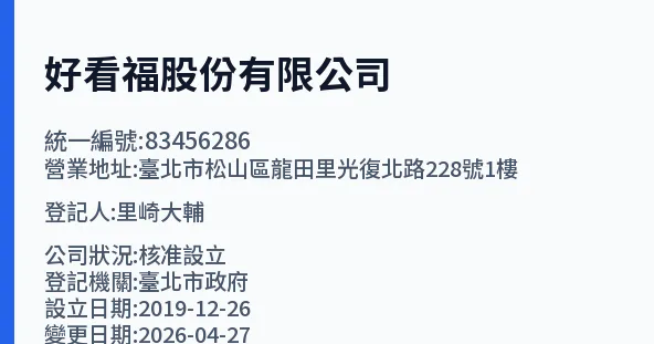 好看福股份有限公司的照片-統編 83456286(臺北市) 公司登記資料與營業項目詳細圖表