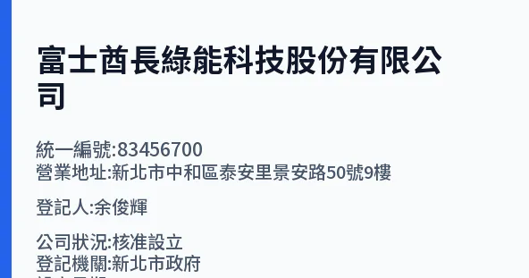 富士酋長綠能科技股份有限公司的照片-統編 83456700(新北市) 公司登記資料與營業項目詳細圖表