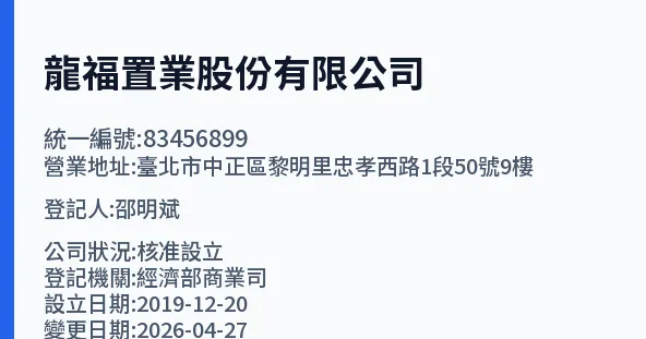 龍福置業股份有限公司的照片-統編 83456899(臺北市) 公司登記資料與營業項目詳細圖表