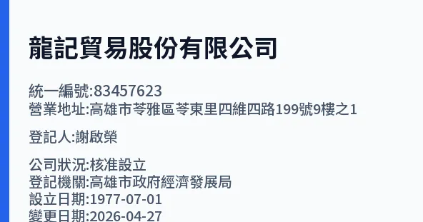 龍記貿易股份有限公司的照片-統編 83457623(高雄市) 公司登記資料與營業項目詳細圖表