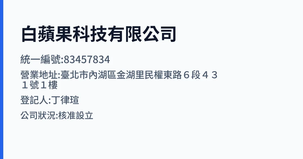 白蘋果科技有限公司 - 統編 83457834(臺北市) 公司登記資料與營業項目詳細圖表