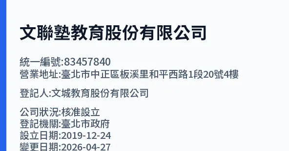 文聯塾教育股份有限公司的照片-統編 83457840(臺北市) 公司登記資料與營業項目詳細圖表