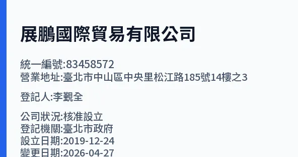 展鵬國際貿易有限公司的照片-統編 83458572(臺北市) 公司登記資料與營業項目詳細圖表