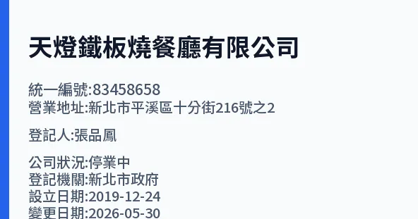 天燈鐵板燒餐廳有限公司的照片-統編 83458658(新北市) 公司登記資料與營業項目詳細圖表