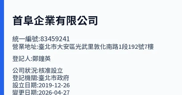 首阜企業有限公司的照片-統編 83459241(臺北市) 公司登記資料與營業項目詳細圖表