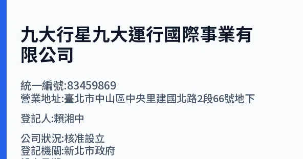 九大行星九大運行國際事業有限公司的照片-統編 83459869(臺北市) 公司登記資料與營業項目詳細圖表