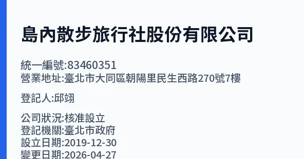 島內散步旅行社股份有限公司的照片-統編 83460351(臺北市) 公司登記資料與營業項目詳細圖表