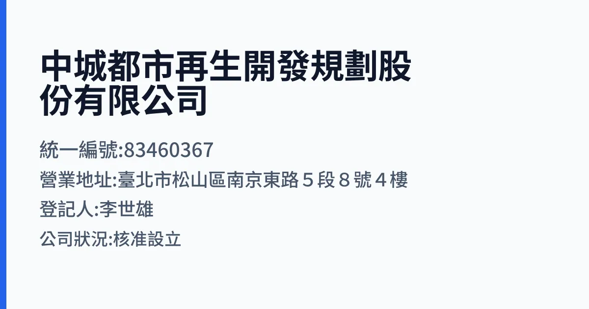 中城都市再生開發規劃股份有限公司 - 統編 83460367(臺北市) 公司登記資料與營業項目詳細圖表