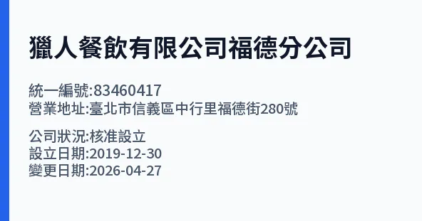 獵人餐飲有限公司福德分公司的照片-統編 83460417(臺北市) 公司登記資料與營業項目詳細圖表