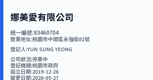 娜美愛有限公司的照片-統編 83460704(桃園市) 公司登記資料與營業項目詳細圖表