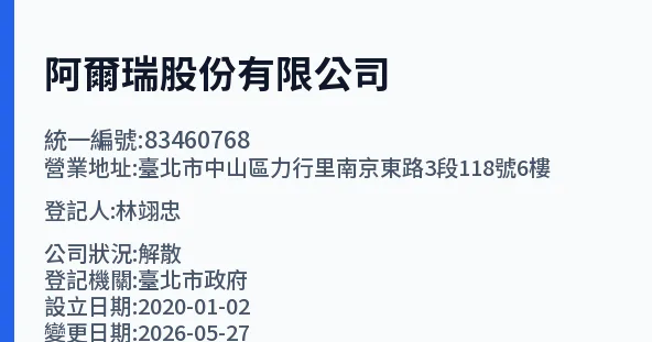 阿爾瑞股份有限公司的照片-統編 83460768(臺北市) 公司登記資料與營業項目詳細圖表