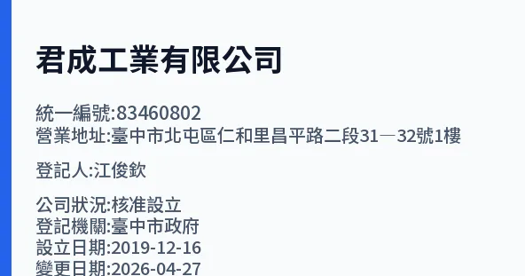 君成工業有限公司的照片-統編 83460802(臺中市) 公司登記資料與營業項目詳細圖表
