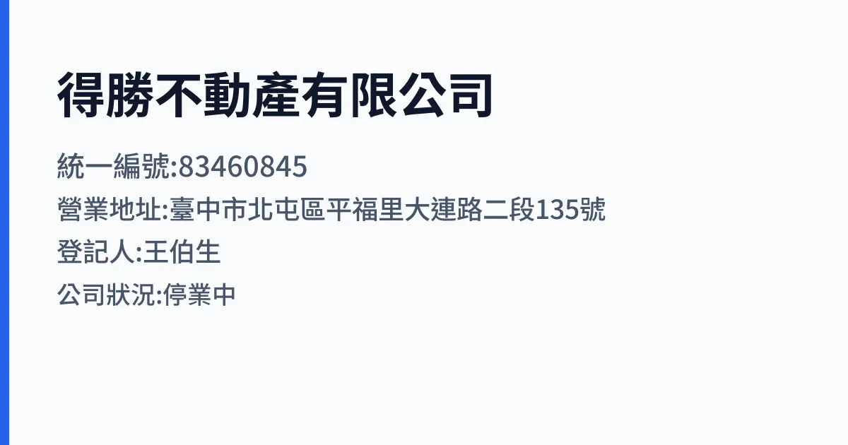 得勝不動產有限公司 - 統編 83460845(臺中市) 公司登記資料與營業項目詳細圖表