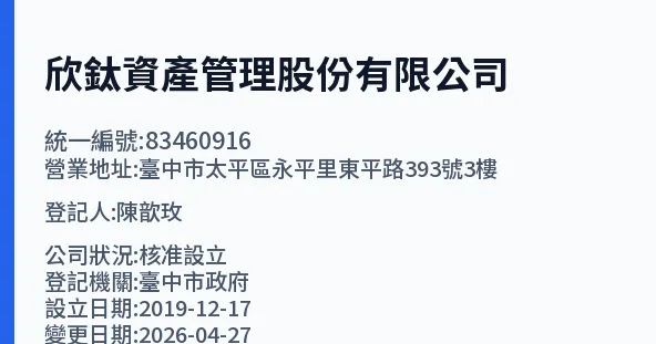 欣鈦資產管理股份有限公司的照片-統編 83460916(臺中市) 公司登記資料與營業項目詳細圖表