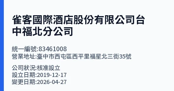 雀客國際酒店股份有限公司台中福北分公司的照片-統編 83461008(臺中市) 公司登記資料與營業項目詳細圖表