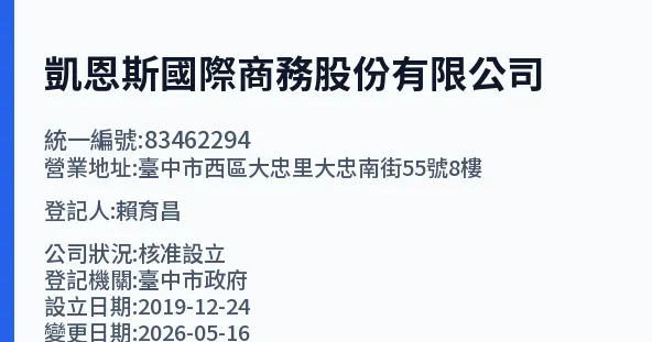 凱恩斯國際商務股份有限公司的照片-統編 83462294(臺中市) 公司登記資料與營業項目詳細圖表