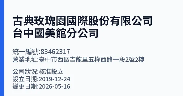 古典玫瑰園國際股份有限公司台中國美館分公司的照片-統編 83462317(臺中市) 公司登記資料與營業項目詳細圖表