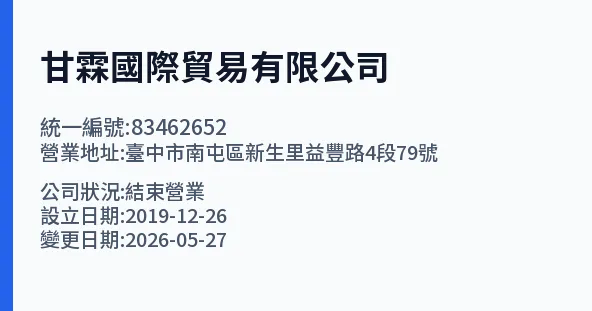 甘霖國際貿易有限公司的照片-統編 83462652 公司登記資料與營業項目詳細圖表
