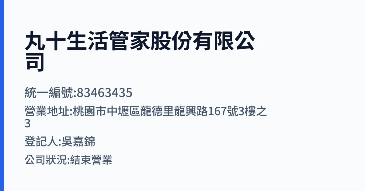 丸十生活管家股份有限公司 - 統編 83463435(桃園市) 公司登記資料與營業項目詳細圖表