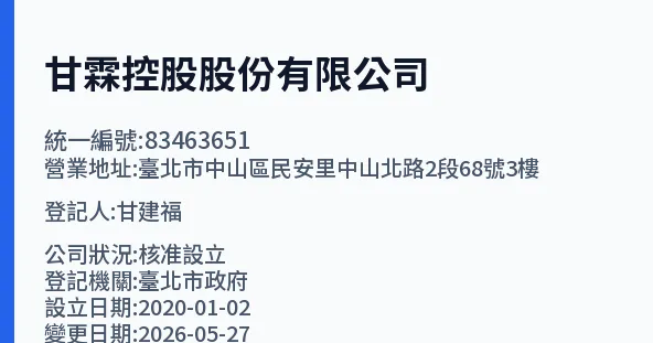 甘霖控股股份有限公司的照片-統編 83463651(臺北市) 公司登記資料與營業項目詳細圖表