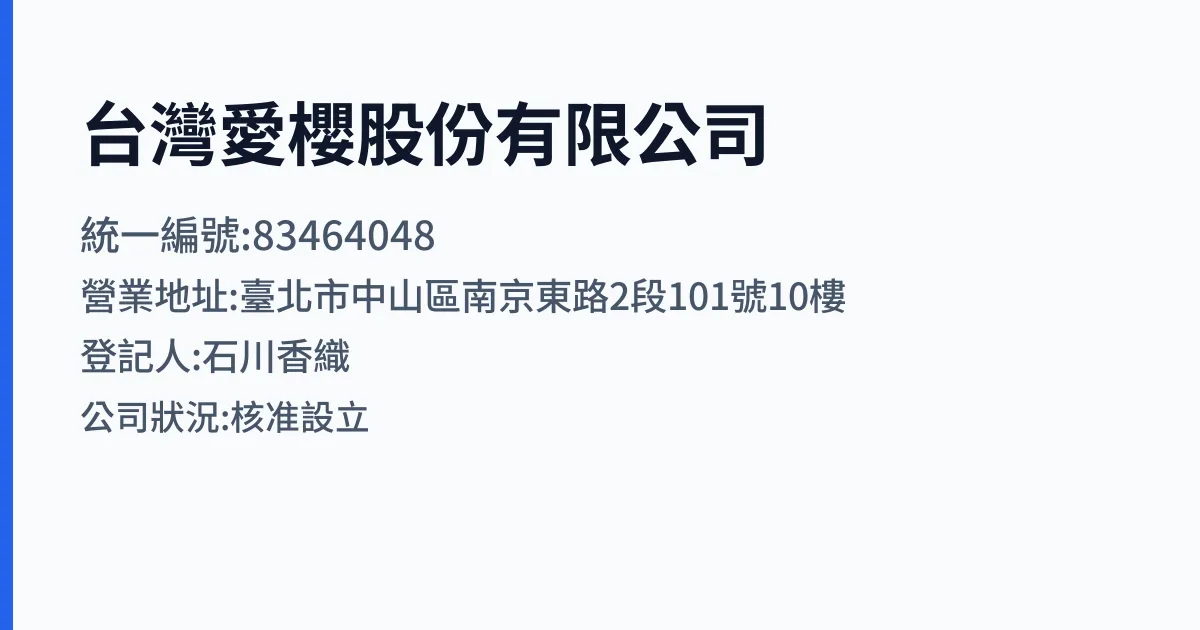 台灣愛櫻股份有限公司 - 統編 83464048(臺北市) 公司登記資料與營業項目詳細圖表