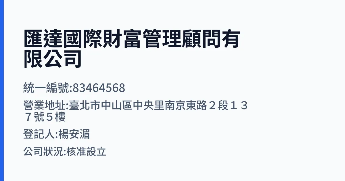 匯達國際財富管理顧問有限公司 - 統編 83464568(臺北市) 公司登記資料與營業項目詳細圖表