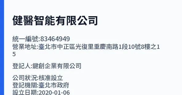 健醫智能有限公司的照片-統編 83464949(臺北市) 公司登記資料與營業項目詳細圖表