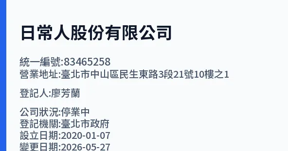 日常人股份有限公司的照片-統編 83465258(臺北市) 公司登記資料與營業項目詳細圖表