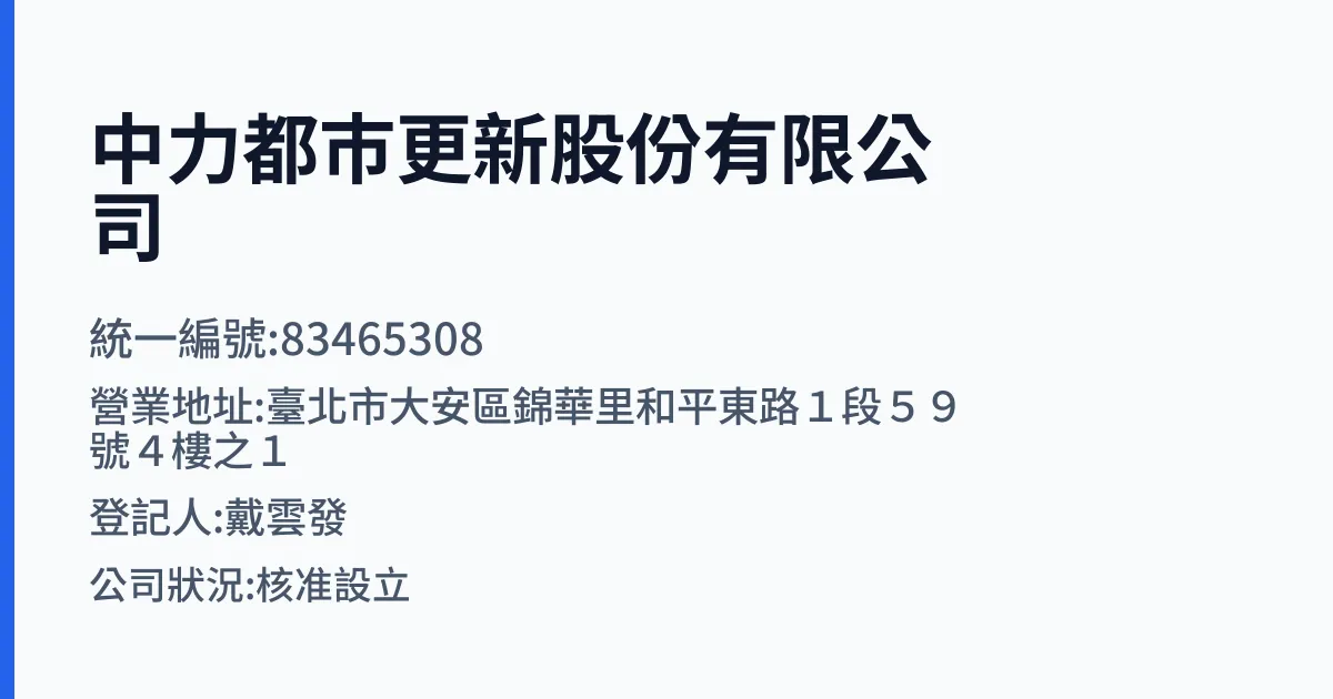 中力都巿更新股份有限公司 - 統編 83465308(臺北市) 公司登記資料與營業項目詳細圖表