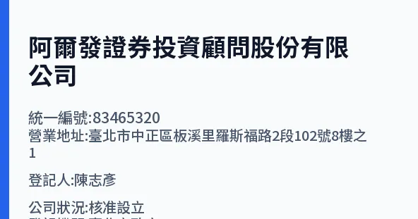 阿爾發證券投資顧問股份有限公司的照片-統編 83465320(臺北市) 公司登記資料與營業項目詳細圖表