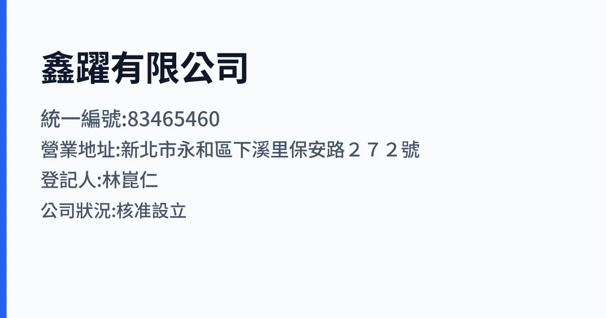 鑫躍有限公司 - 統編 83465460(新北市) 公司登記資料與營業項目詳細圖表