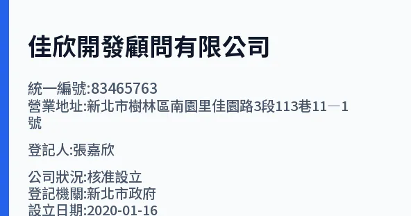 佳欣開發顧問有限公司的照片-統編 83465763(新北市) 公司登記資料與營業項目詳細圖表