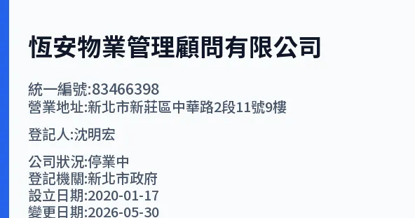恆安物業管理顧問有限公司的照片-統編 83466398(新北市) 公司登記資料與營業項目詳細圖表