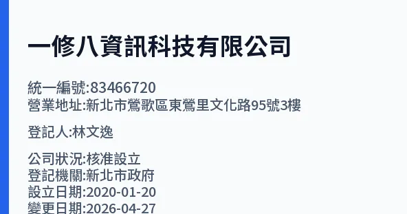 一修八資訊科技有限公司的照片-統編 83466720(新北市) 公司登記資料與營業項目詳細圖表