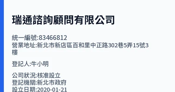 瑞通諮詢顧問有限公司的照片-統編 83466812(新北市) 公司登記資料與營業項目詳細圖表