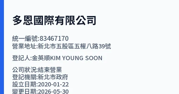 多恩國際有限公司的照片-統編 83467170(新北市) 公司登記資料與營業項目詳細圖表