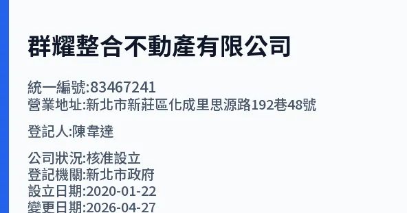 群耀整合不動產有限公司的照片-統編 83467241(新北市) 公司登記資料與營業項目詳細圖表