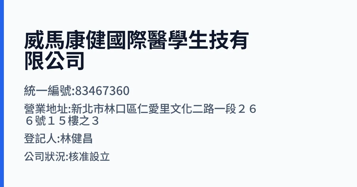 威馬康健國際醫學生技有限公司 - 統編 83467360(新北市) 公司登記資料與營業項目詳細圖表