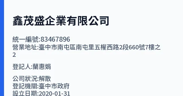 鑫茂盛企業有限公司的照片-統編 83467896(臺中市) 公司登記資料與營業項目詳細圖表