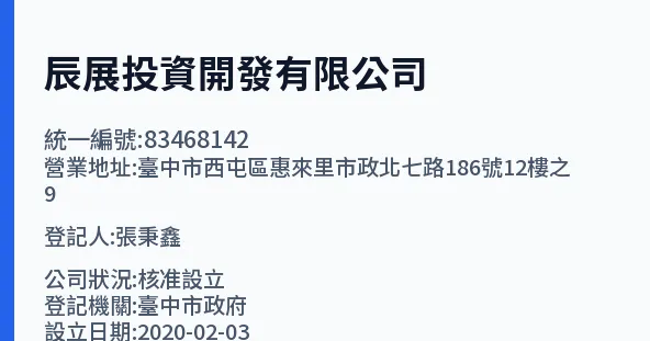 辰展投資開發有限公司的照片-統編 83468142(臺中市) 公司登記資料與營業項目詳細圖表