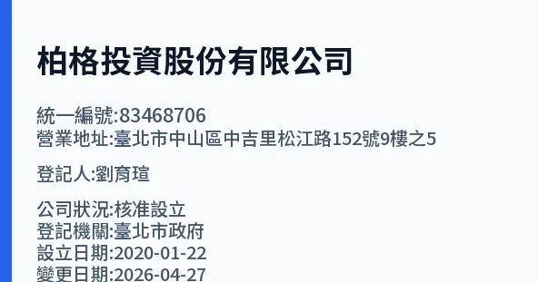 柏格投資股份有限公司的照片-統編 83468706(臺北市) 公司登記資料與營業項目詳細圖表
