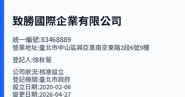 致勝國際企業有限公司的照片-統編 83468889(臺北市) 公司登記資料與營業項目詳細圖表