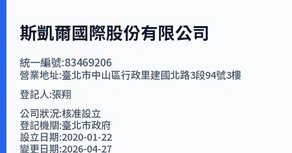 斯凱爾國際股份有限公司的照片-統編 83469206(臺北市) 公司登記資料與營業項目詳細圖表