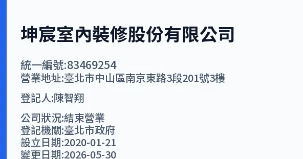坤宸室內裝修股份有限公司的照片-統編 83469254(臺北市) 公司登記資料與營業項目詳細圖表
