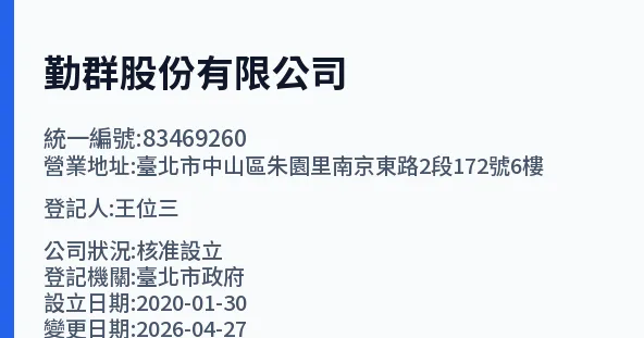 勤群股份有限公司的照片-統編 83469260(臺北市) 公司登記資料與營業項目詳細圖表